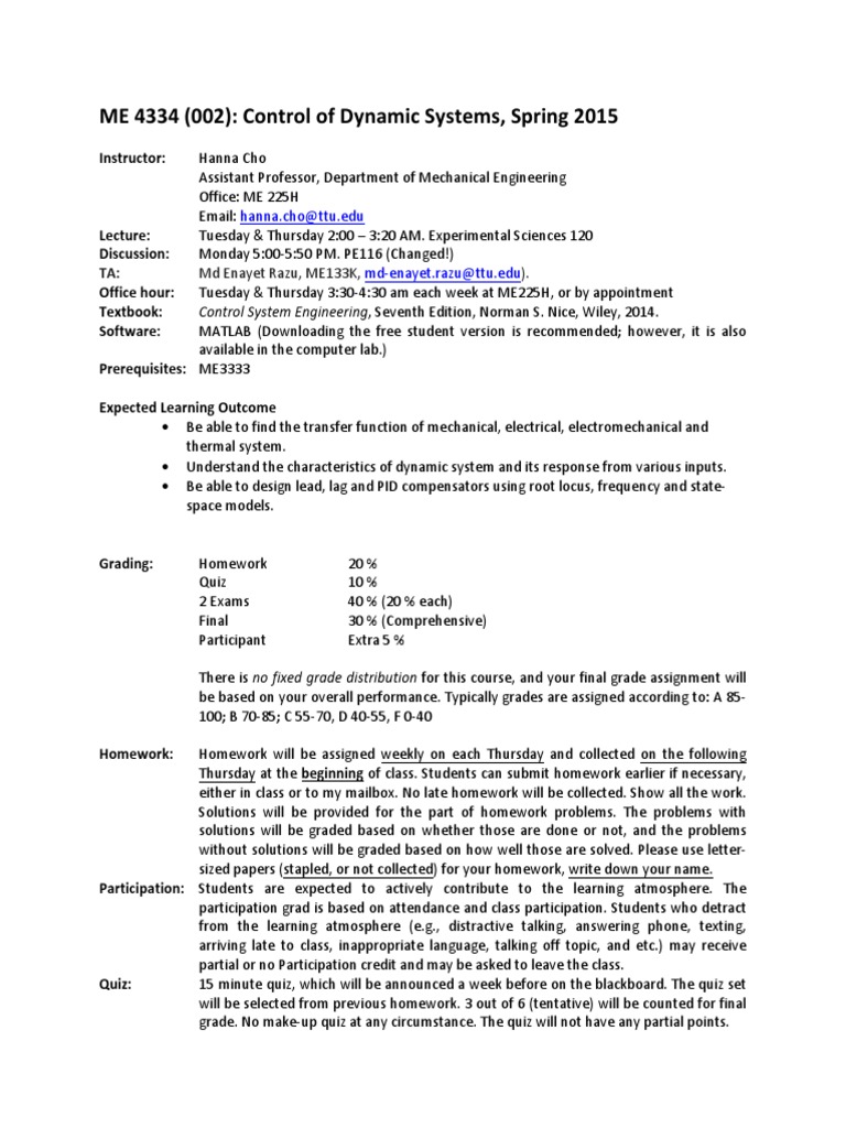 ME 4334 (002): Control of Dynamic Systems, Spring 2015 Course Syllabus ...