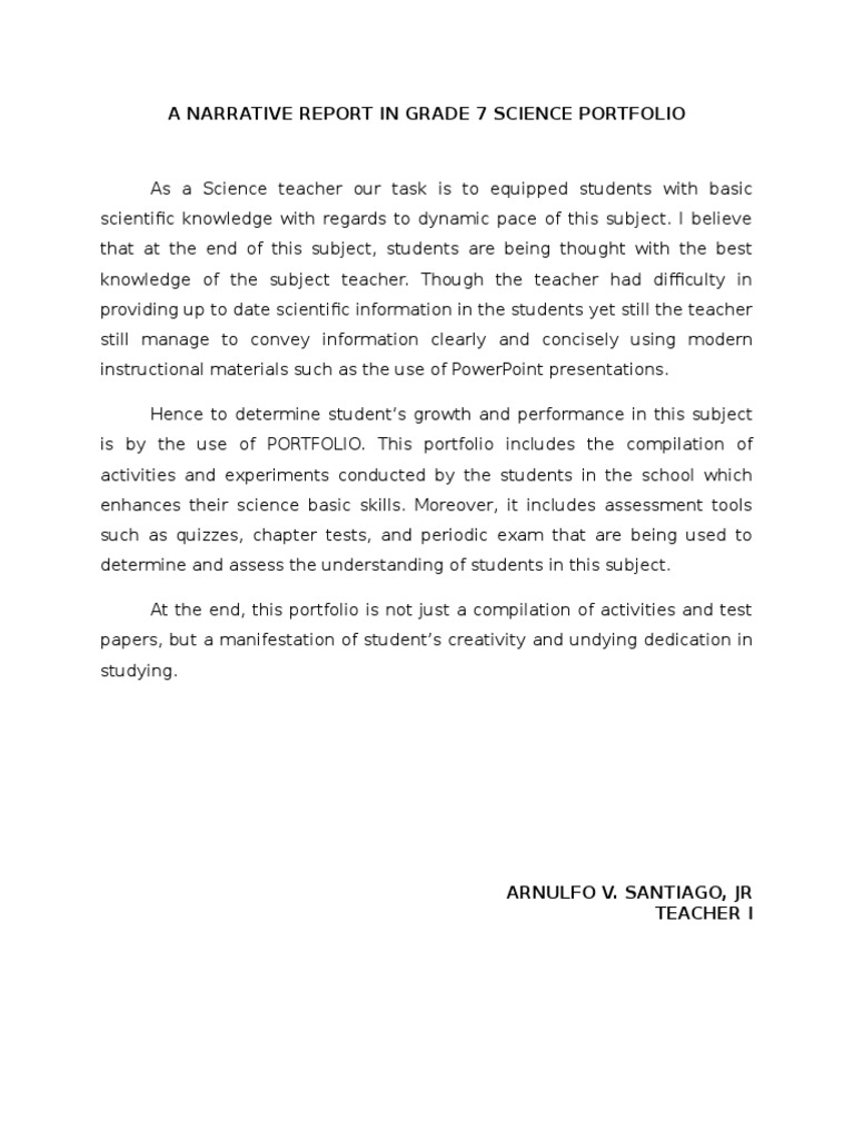 A Narrative Report in Grade 7 Science Portfolio | PDF