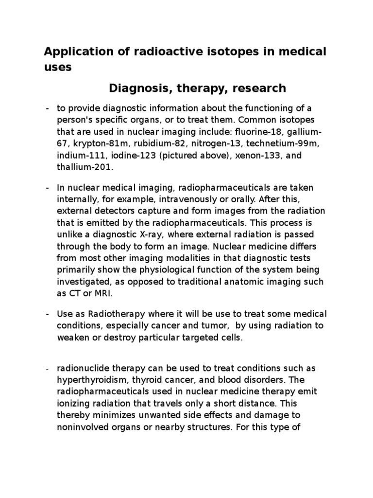 Application of Radioactive Isotopes in Medical Uses | PDF
