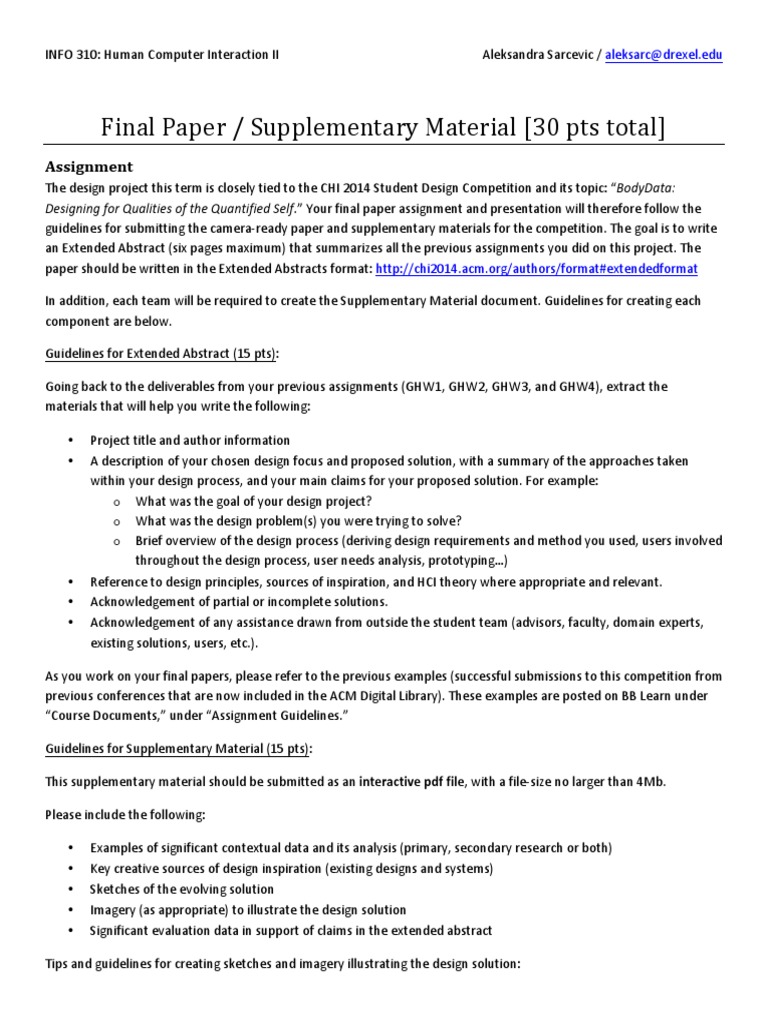 Final Paper / Supplementary Material (30 Pts Total) | PDF | Human ...