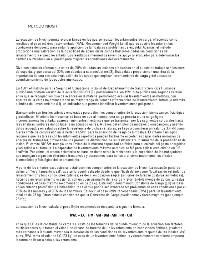 METODO NIOSH Ergonomia | PDF | Factores humanos y ergonomía | Medición