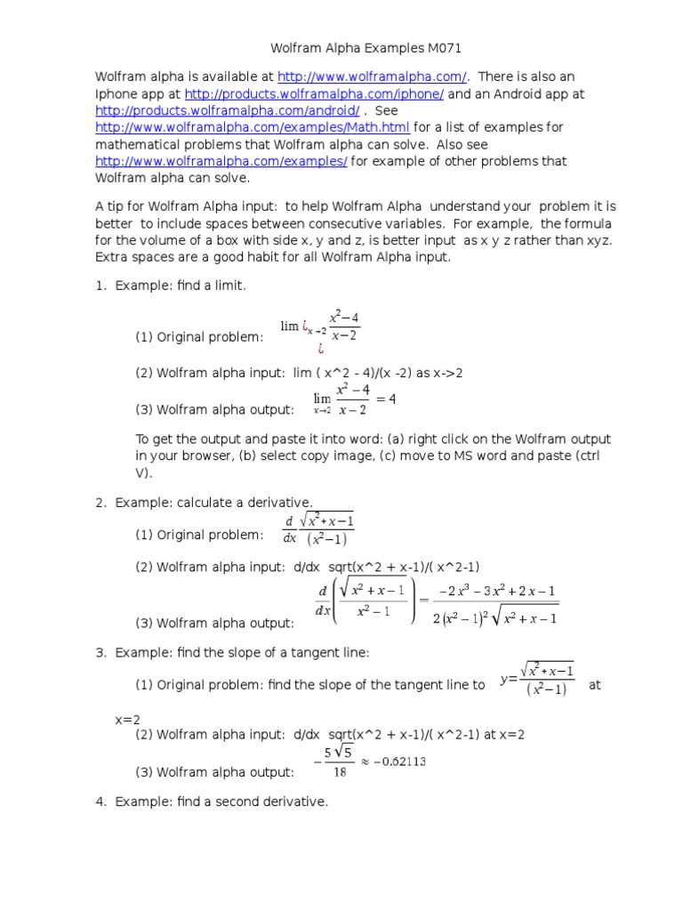 Wolfram Alpha Examples for Math Problems | PDF | Analysis | Teaching Mathematics