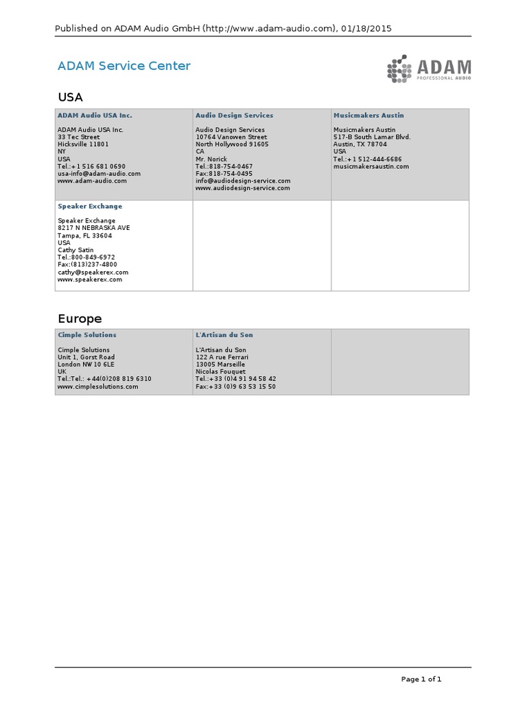 ADAM Service Center: ADAM Audio USA Inc. Audio Design Services ...