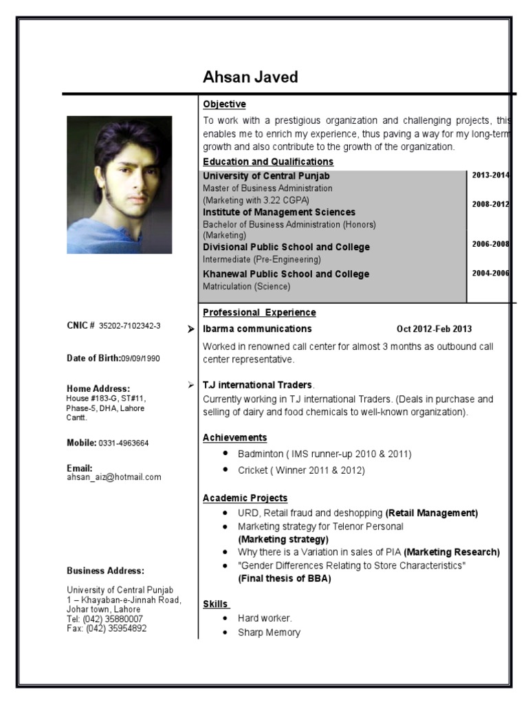 Ahsan Javed: Cnic # Oct 2012-Feb 2013 | PDF | Business
