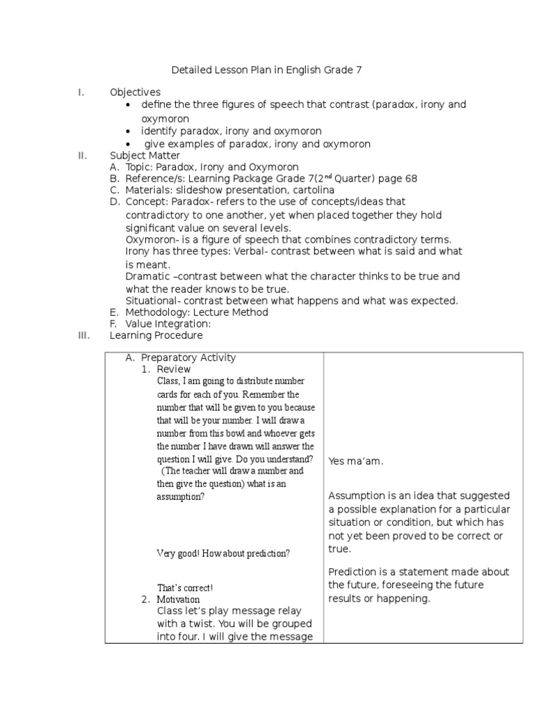 Detailed Lesson Plan in English Grade 7 | PDF | Irony | Contradiction