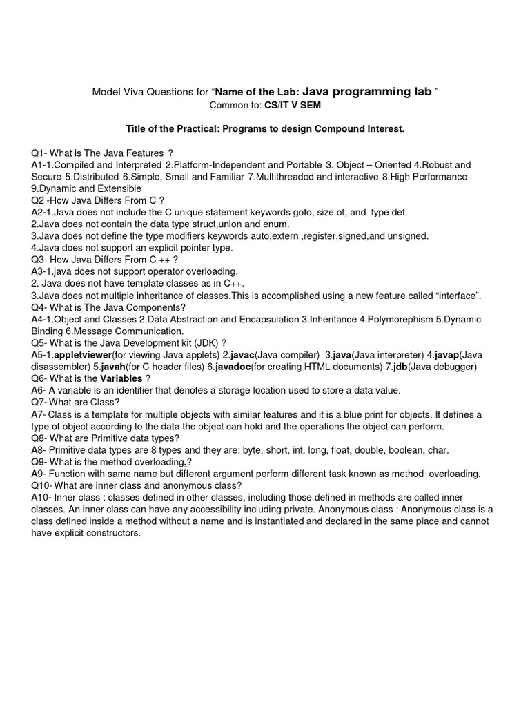 Model Viva Questions For "Name of The Lab | PDF | Java (Programming ...