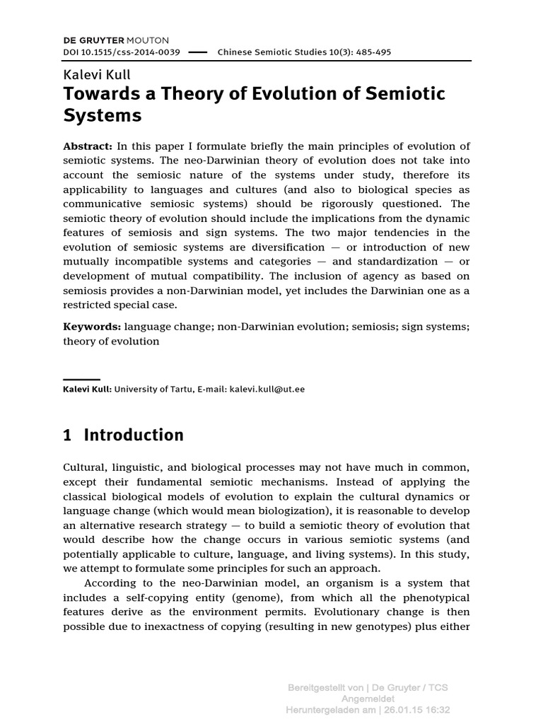 Towards A Theory of Evolution of Semiotic Systems: Kalevi Kull | PDF ...