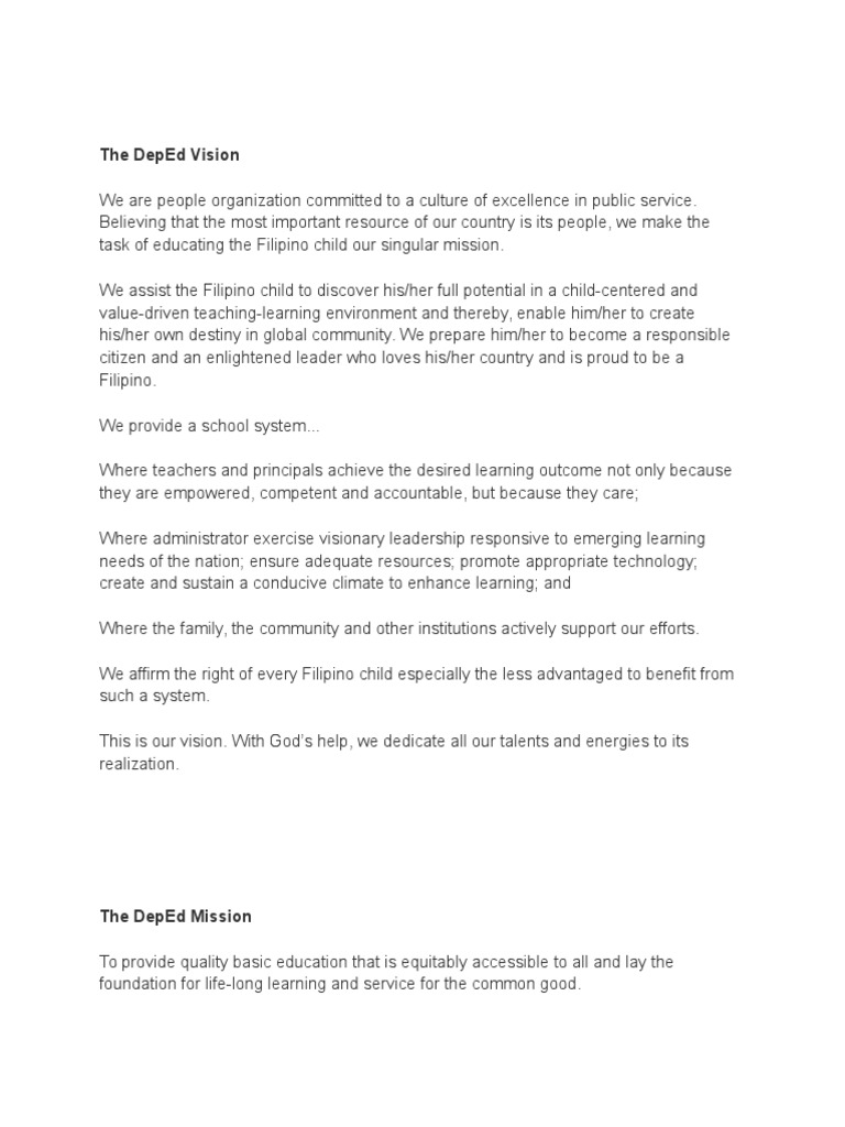The Vision-Mission Statements of DepEd | PDF | Educational Psychology ...