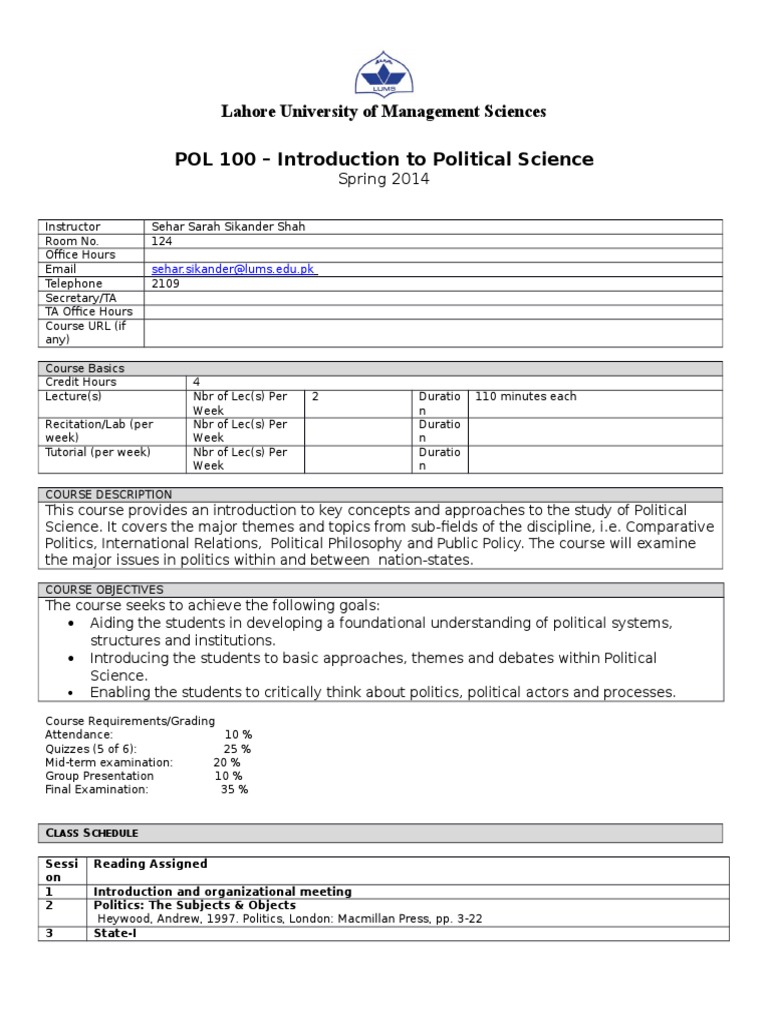 Lahore University of Management Sciences POL 100 - Introduction To ...