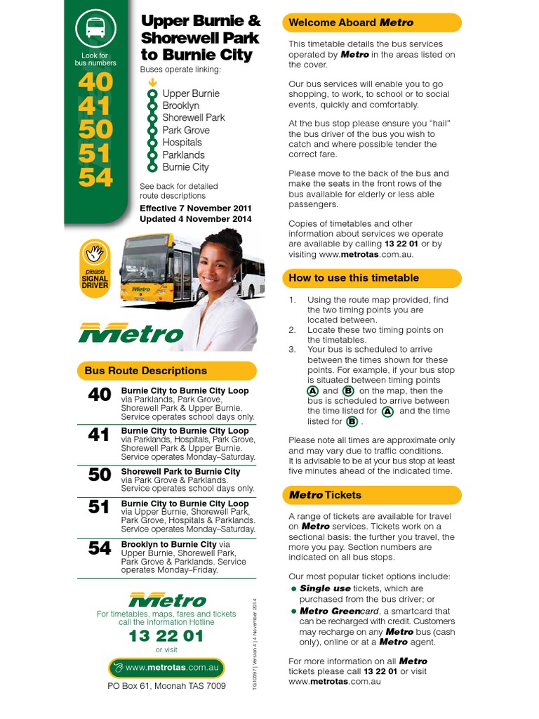 MetroTas Timetable UpperBurnie 4NOV14 | PDF | Bus | Public Transport