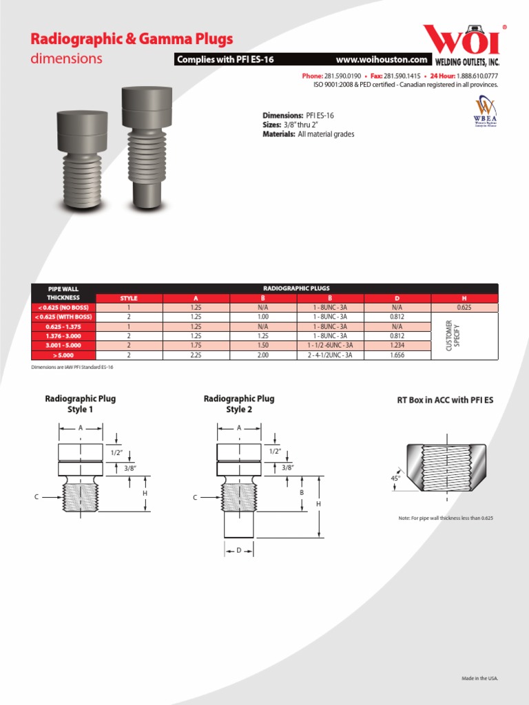 Dimensions: Radiographic & Gamma Plugs | PDF