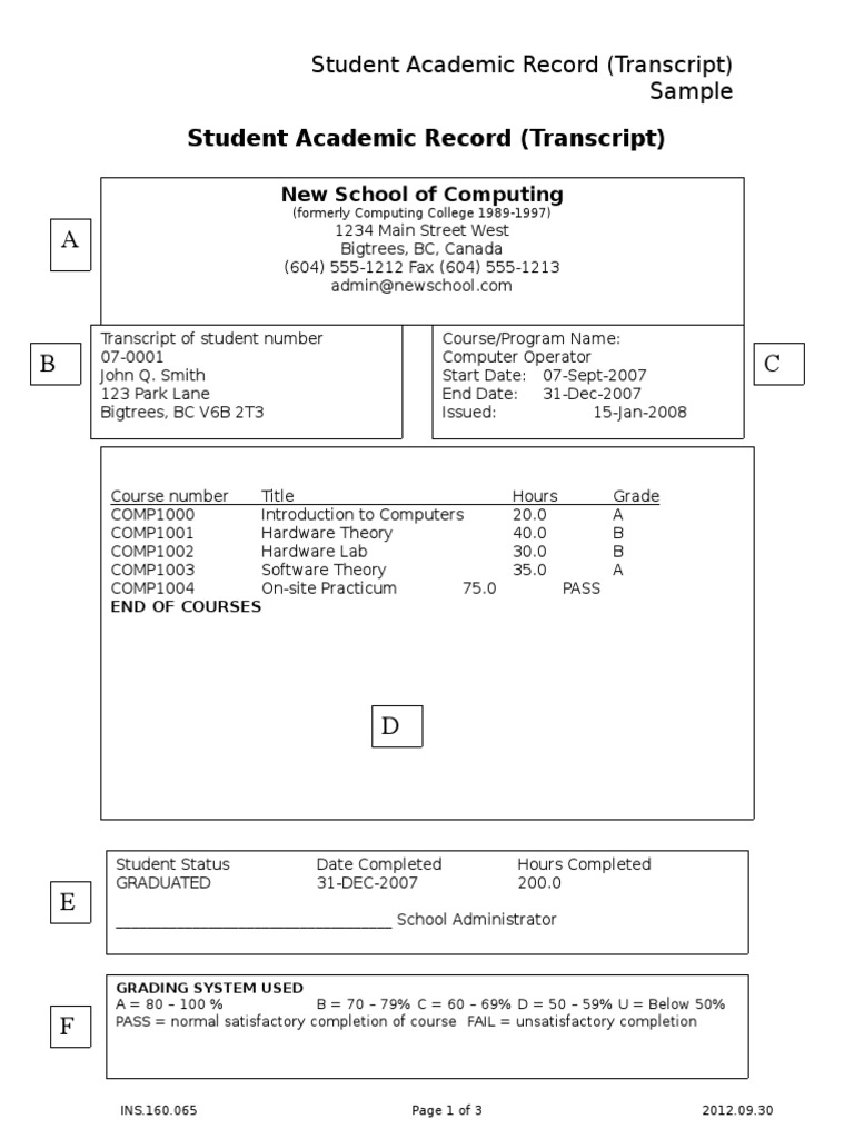 Sample Student Academic Record Transcript INS - 160 - 065 | PDF | Seal ...