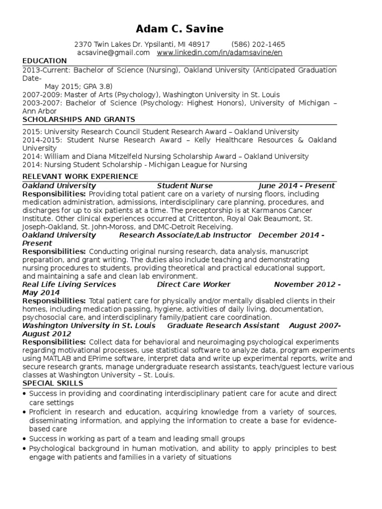 2015 Resume - Adam Savine | PDF | Nursing | University Of Michigan