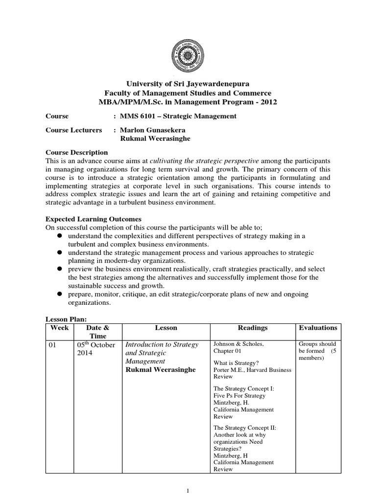 Strategic Management MBA - Course Outline - 2012 | Download Free PDF ...