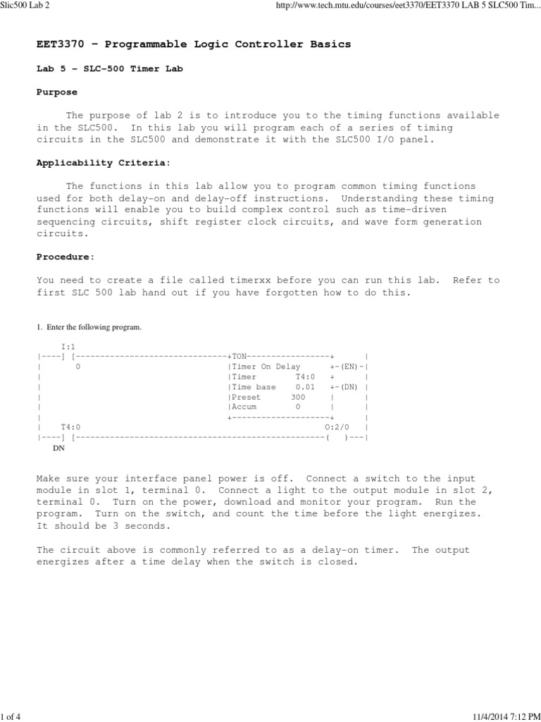 Programming Timers and Timing Functions in an SLC-500 Programmable ...
