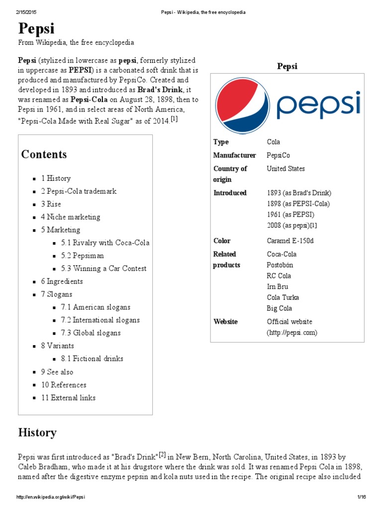 Pepsi - Wikipedia, The Free Encyclopedia | PDF | Pepsi | Pepsi Co