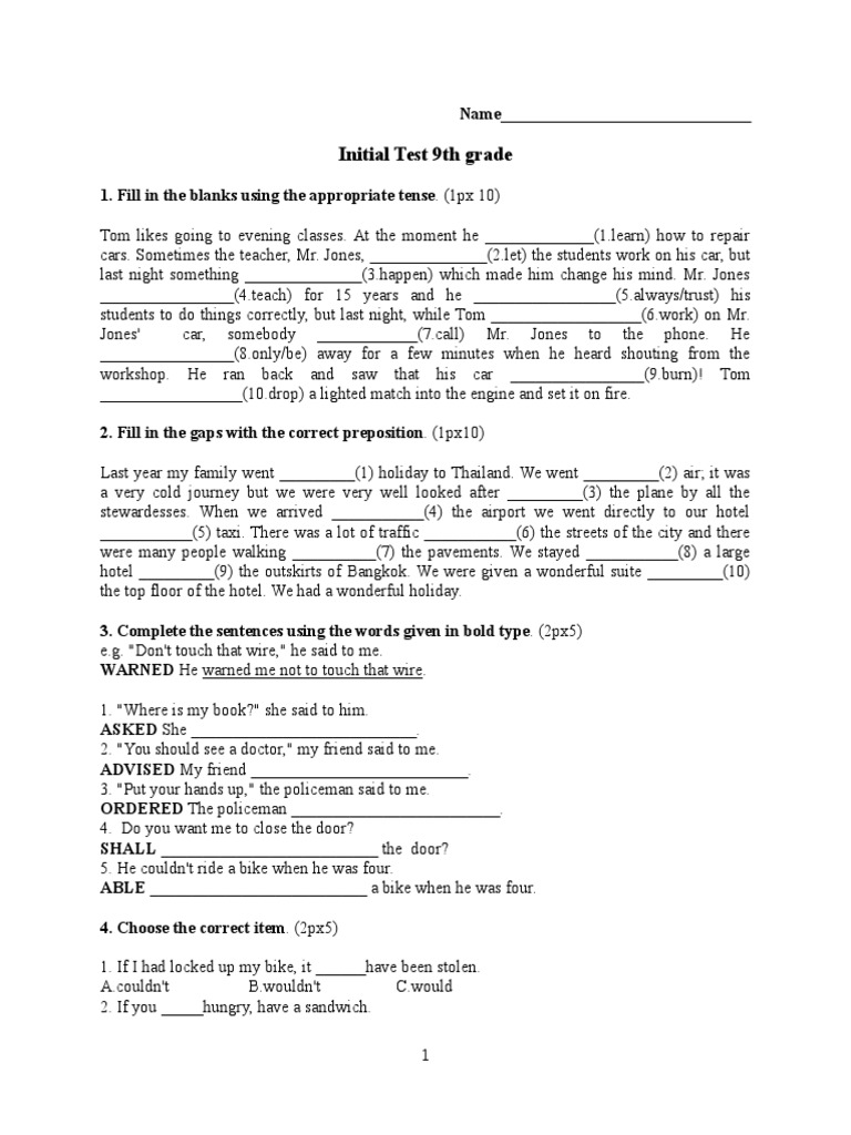 9th Grade English Test: Tenses & Grammar | PDF