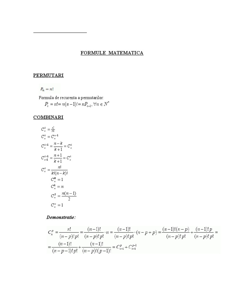 Formule Matematica: Formula de Recurenta A Permutarilor | PDF
