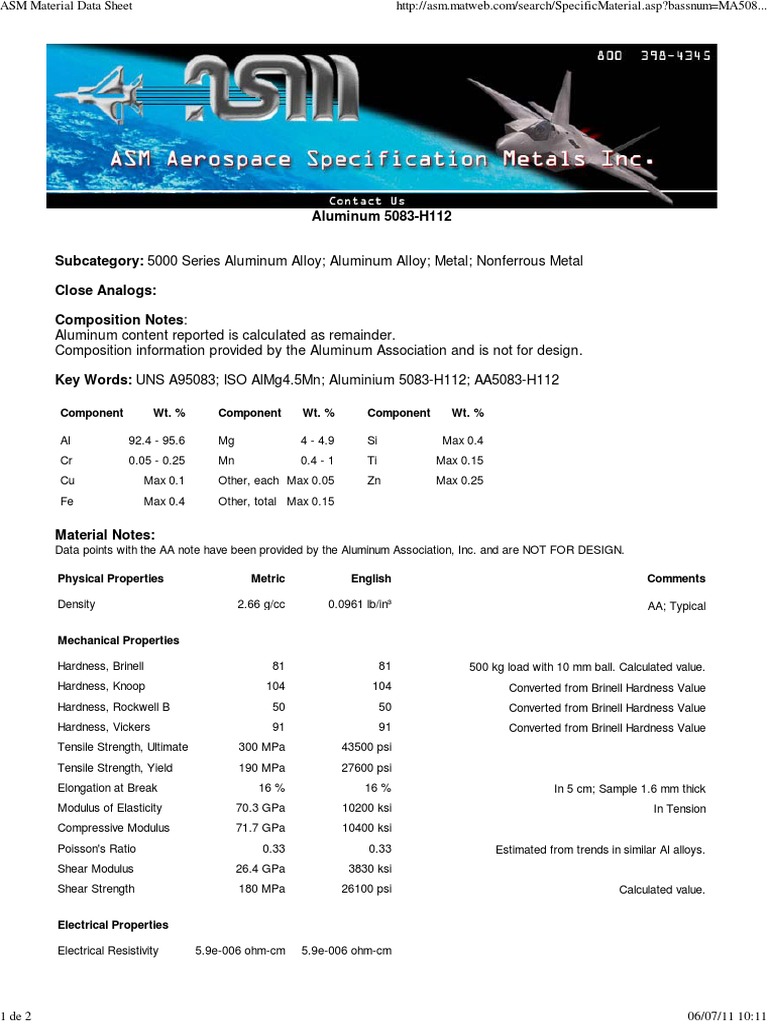 Alumínio Cold ASM Material Data Sheet | PDF | Ultimate Tensile Strength | Hardness