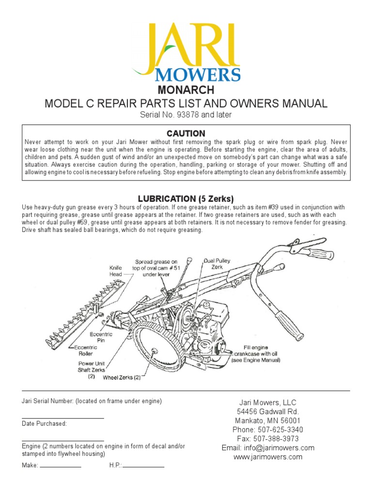 Jari Monarch Model C Parts & Safety Guide | PDF | Mower | Belt (Mechanical)