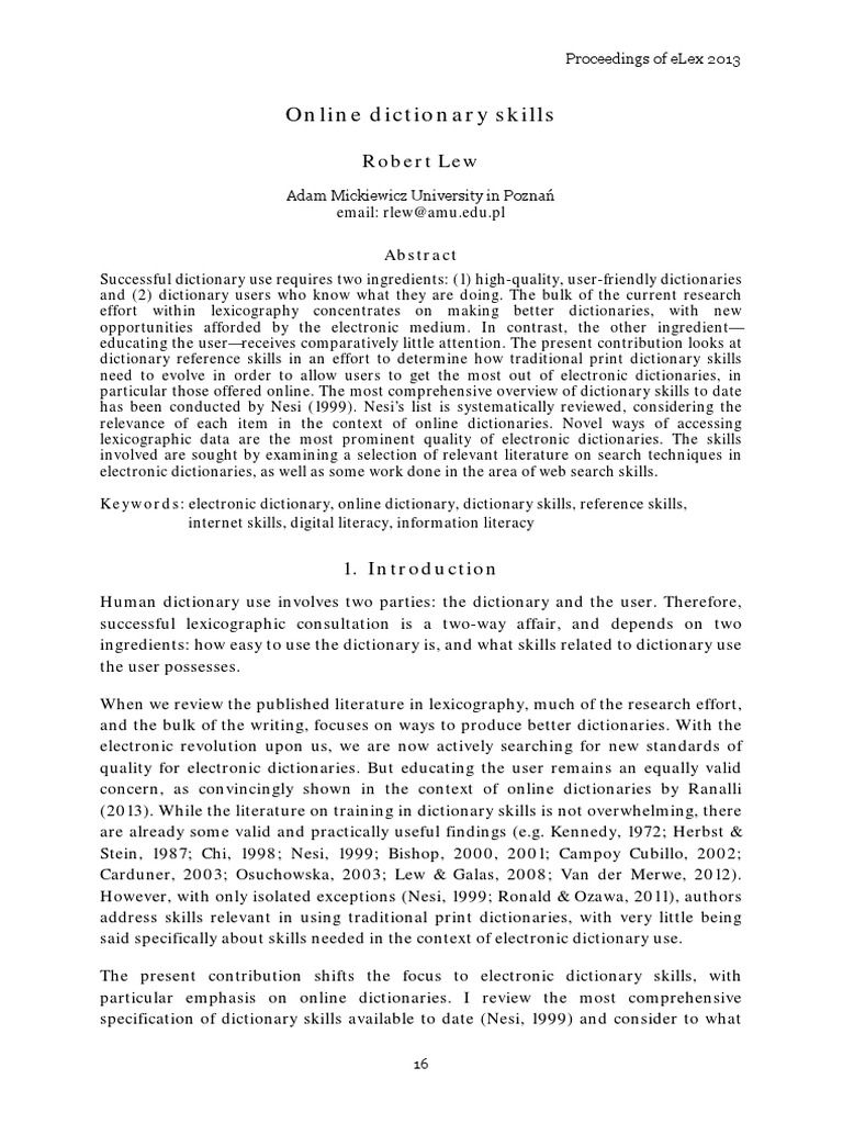 Robert Lew, Online Dictionary Skills | PDF | Phonology | Dictionary