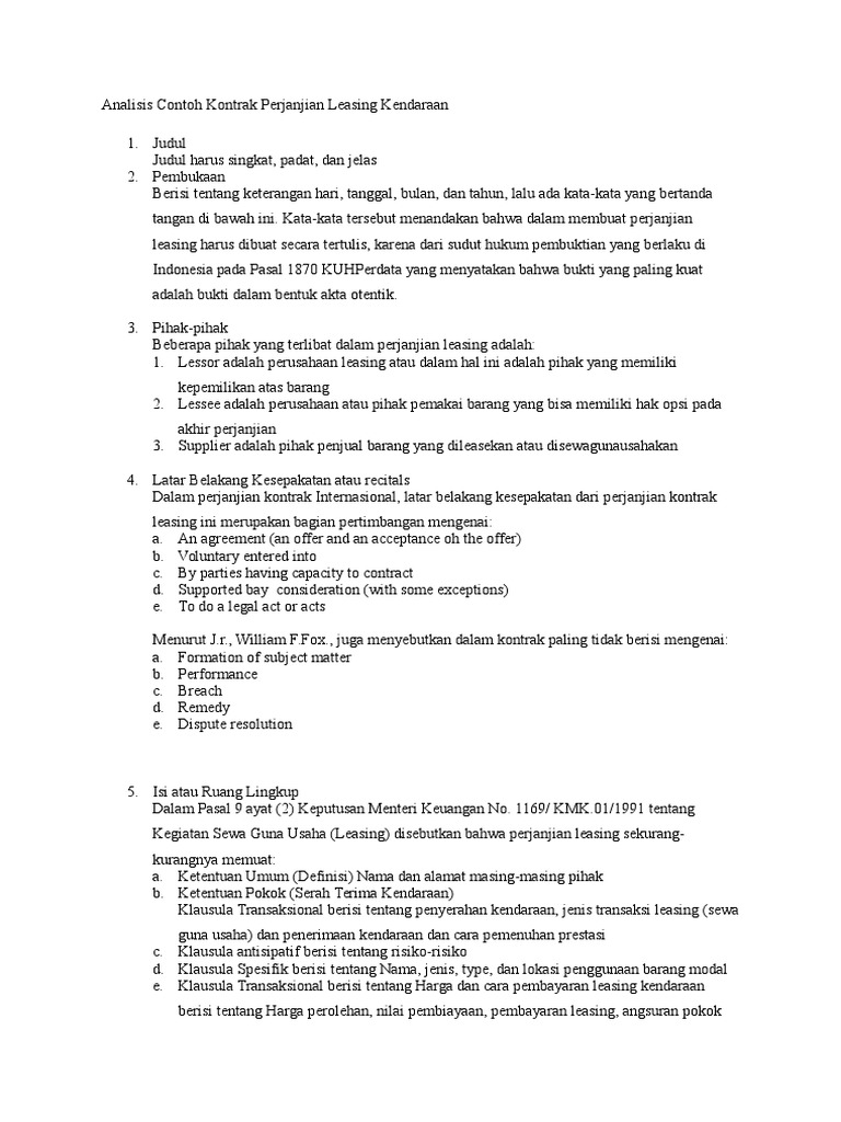 Analisis Contoh Kontrak Perjanjian Leasing Kendaraan | PDF