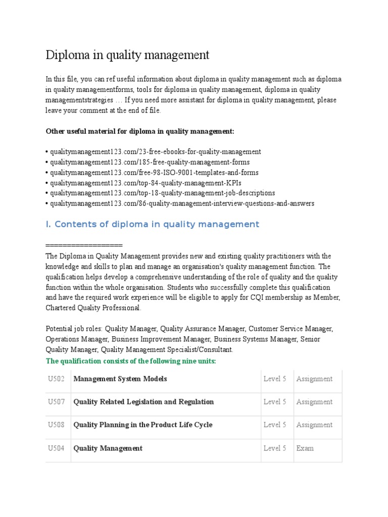 Diploma in Quality Management Guide | PDF