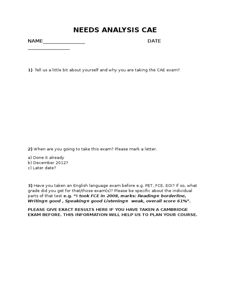 CAE Exam Needs Analysis Form | PDF | Test (Assessment) | Pedagogy