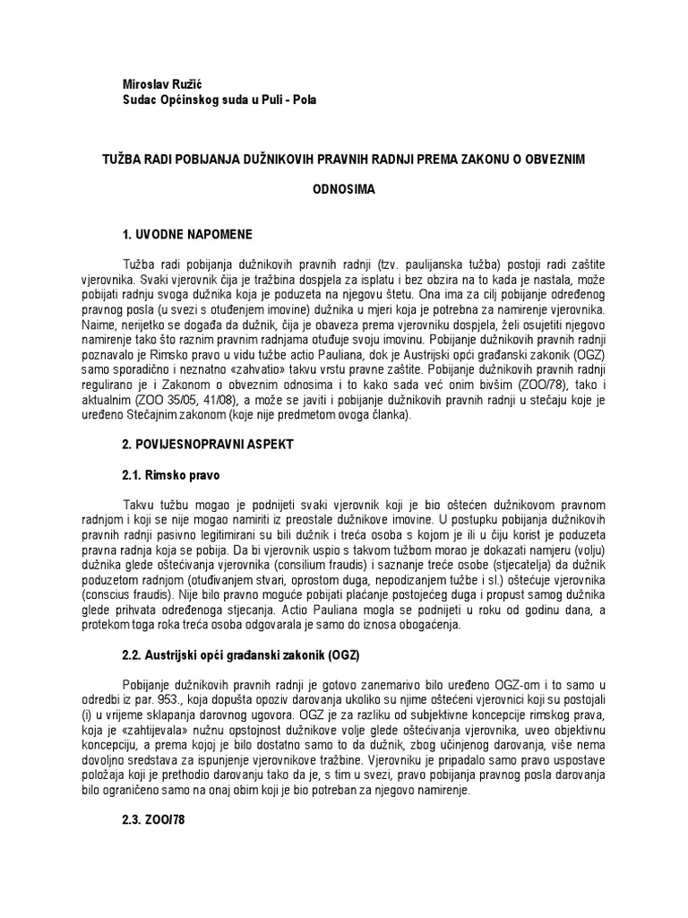 Tužba Radi Pobijanja Dužnikovih Pravnih Radnji Prema Zoo | PDF