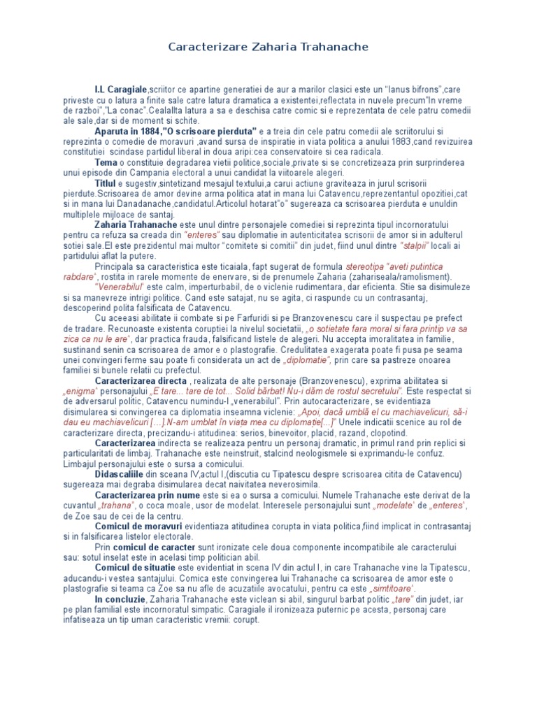 Caracterizare Zaharia Trahanache | PDF