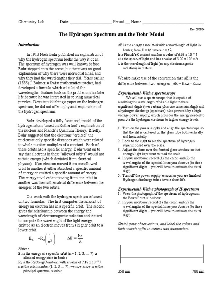 Hydrogen Spectrum Lab Student Sheet | PDF | Energy Level | Niels Bohr