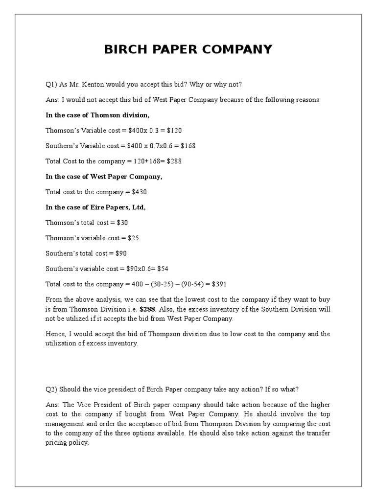Birch Paper Company - Assignment 1 | PDF | Market (Economics ...