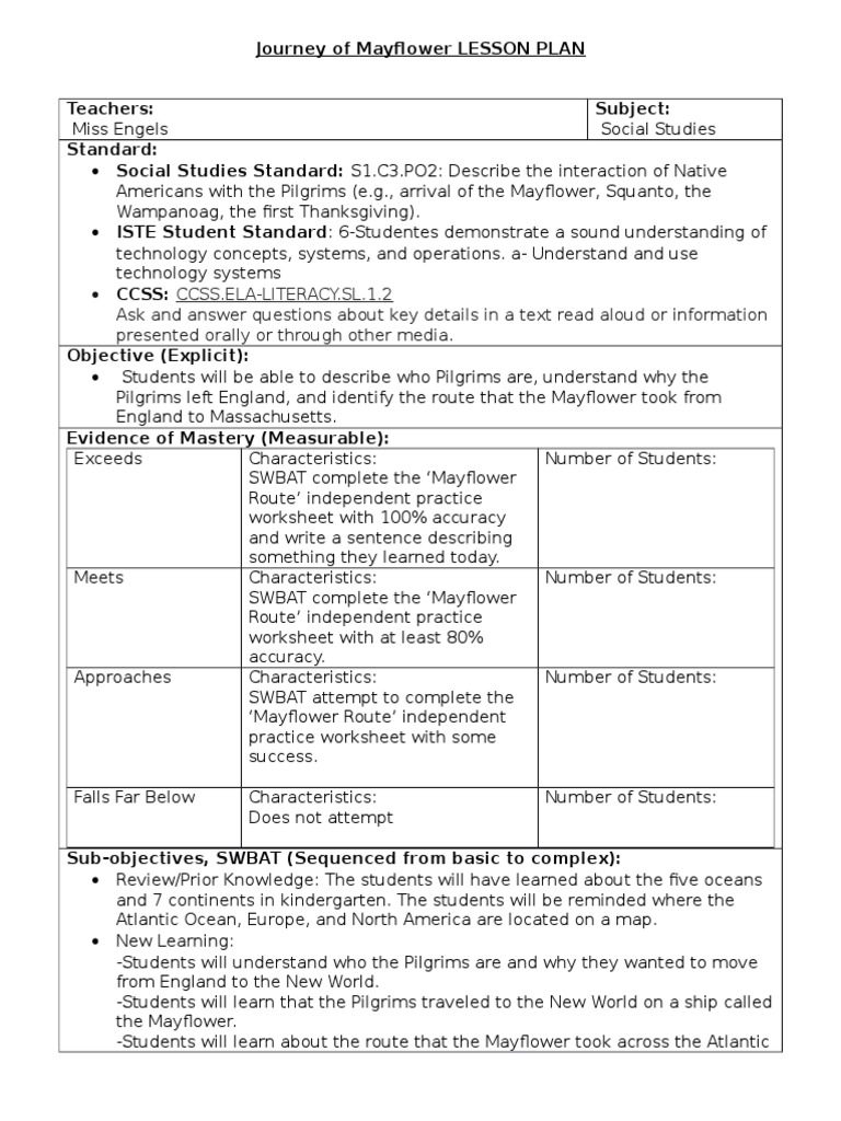 Mayflower Journey Lesson Plan | PDF | New World | Lesson Plan