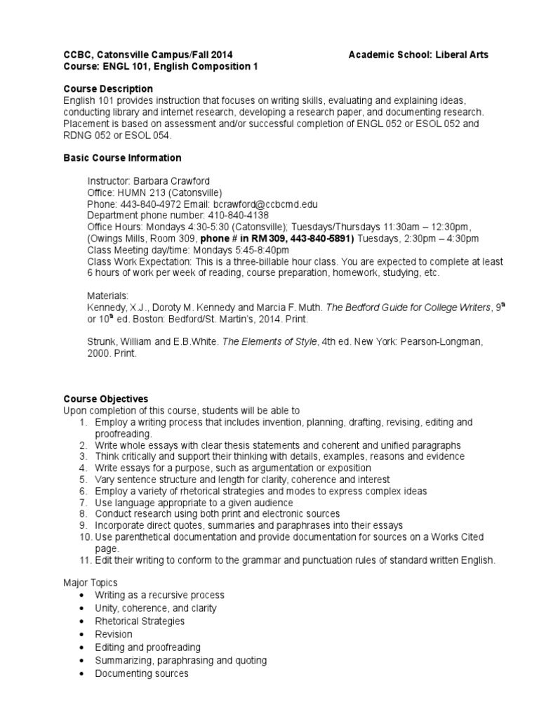 English 101 Course Syllabus 2014 | PDF | Essays | Plagiarism