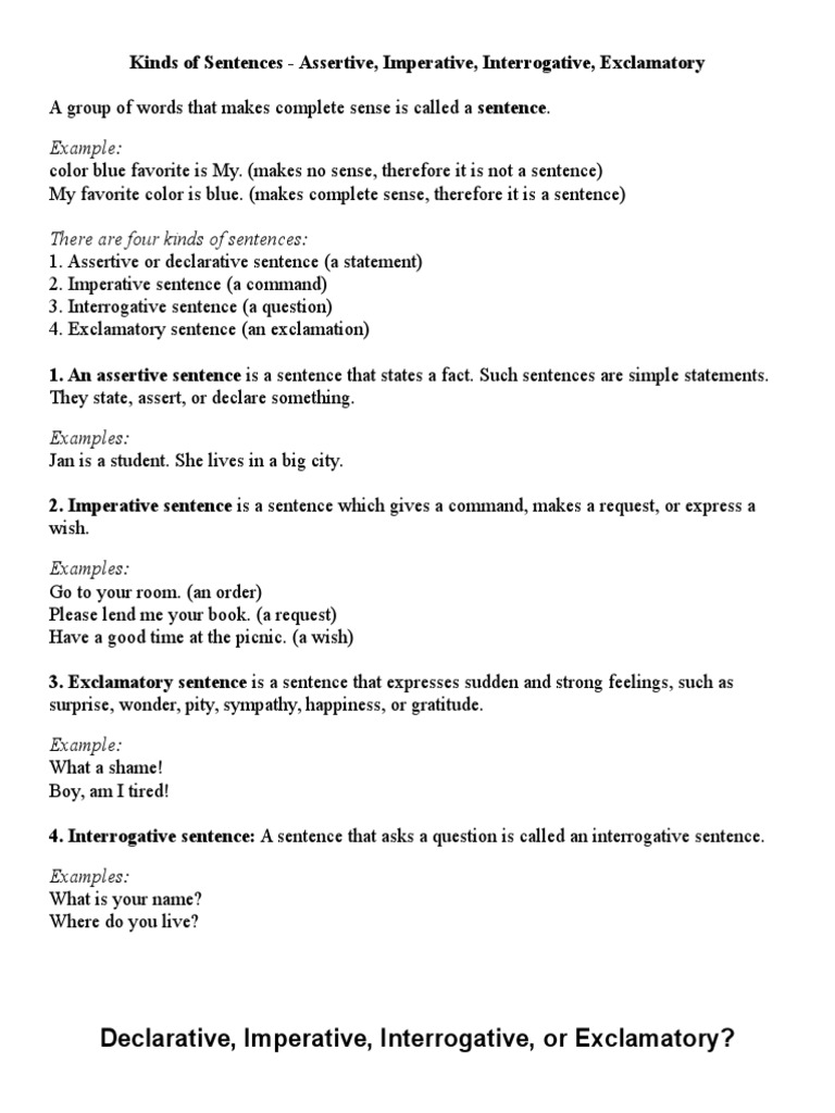 Kinds of Sentences - Assertive, Imperative, Interrogative, Exclamatory | PDF | Sentence ...