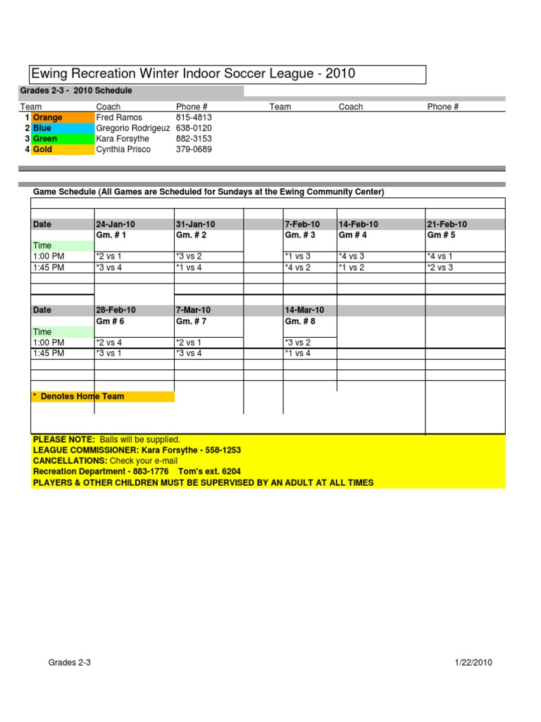 2010 Indoor Soccer Schedules | PDF | Sports & Recreation