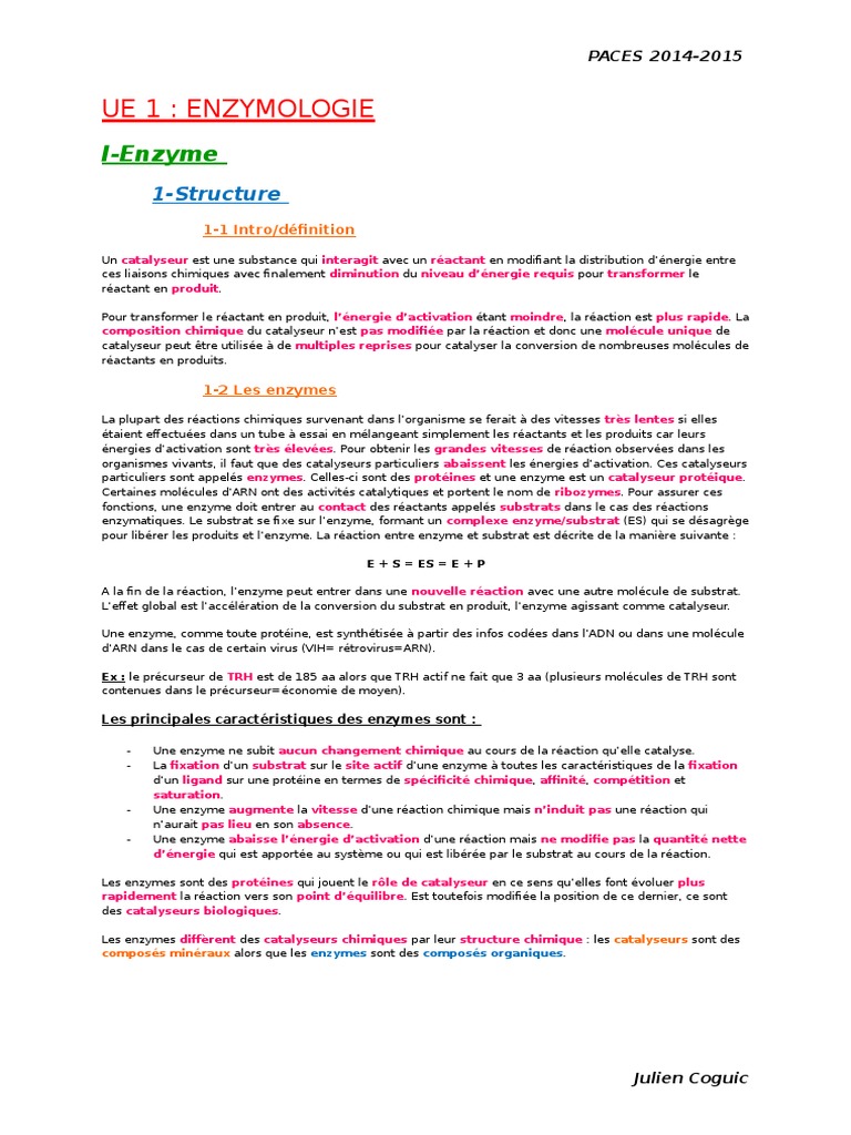UE 1 Enzymologie | PDF | Inhibiteur enzymatique | Enzyme
