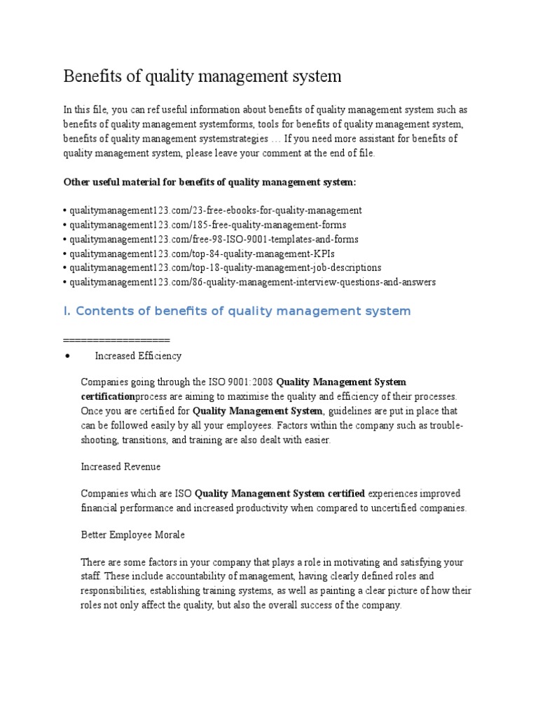 Benefits of Quality Management System | PDF | Finance & Money Management