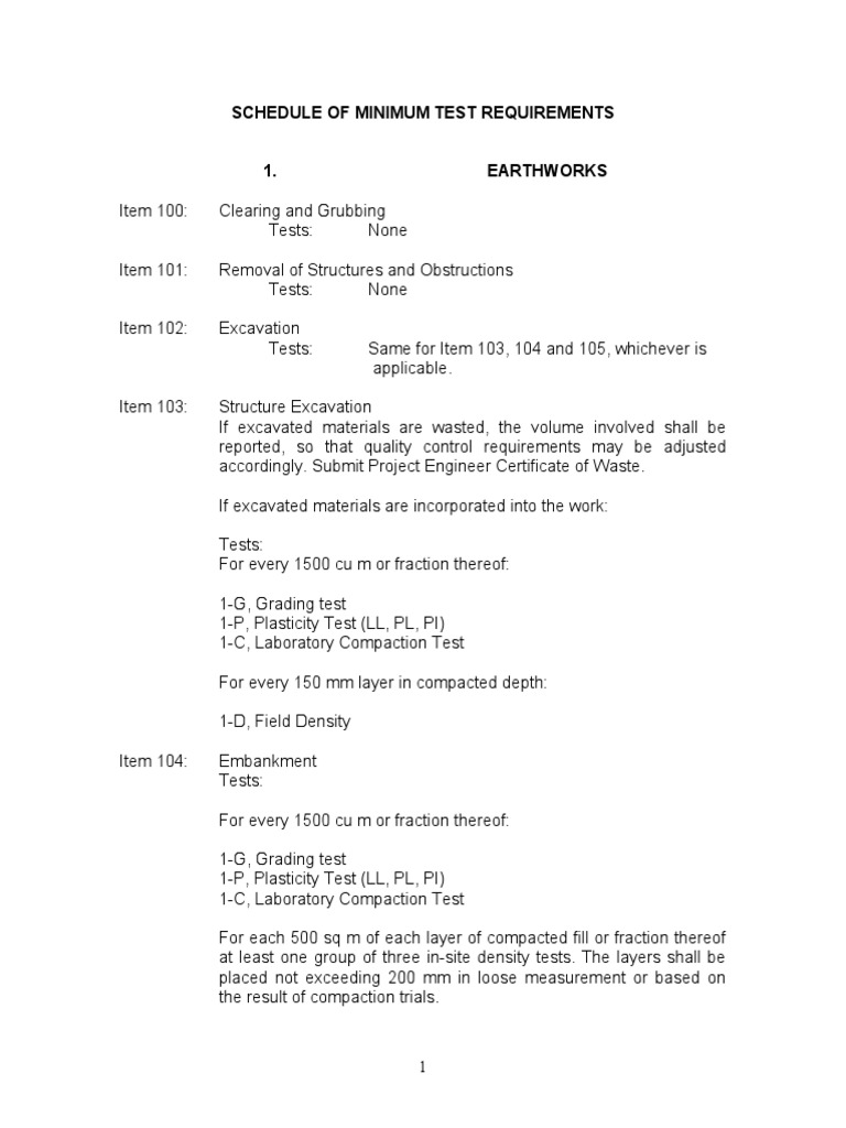 Schedule of Minimum Test Requirements Governing Items of Work of The ...