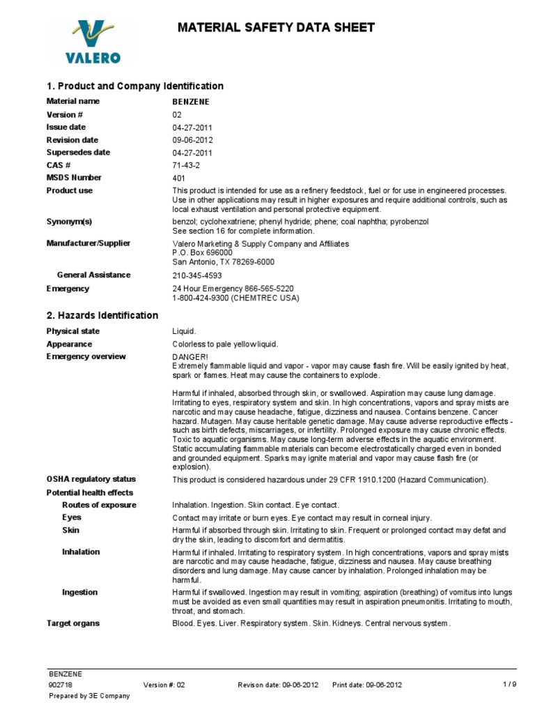 MSDS: BENZENE | Benzene | Oil Sands