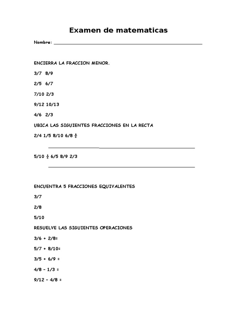 Examen De Matematicas Pdf
