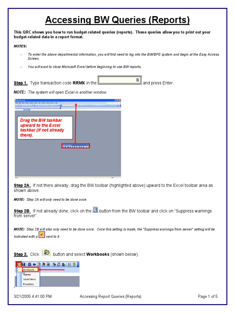 Accessing BW Queries (Reports) : and Press Enter | Download Free PDF | Microsoft Excel ...