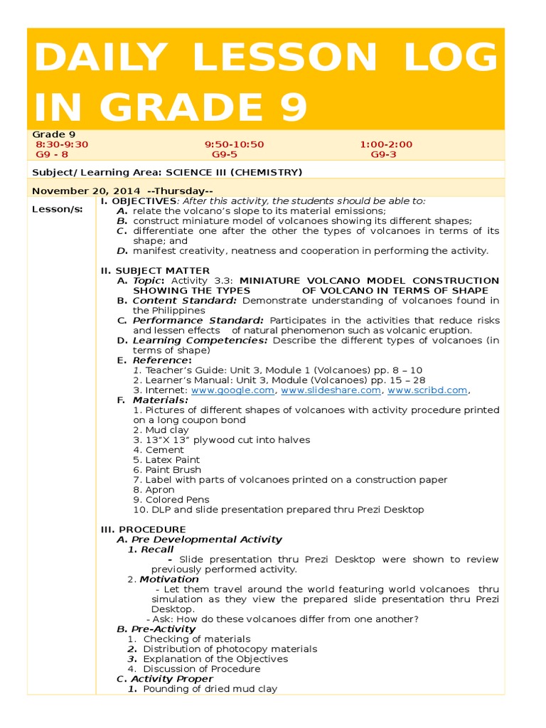 Lesson Log in Grade 9 (Earth Sci-Volcanoes) | PDF | Volcano | Lava