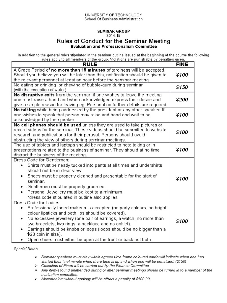 Rules of Conduct For The Seminar Meeting: Rule Fine | PDF