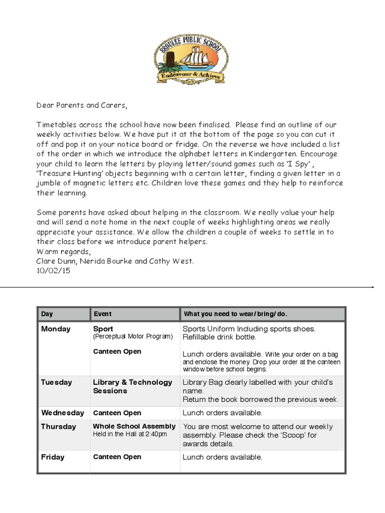 Kindy Activity Timetable | PDF