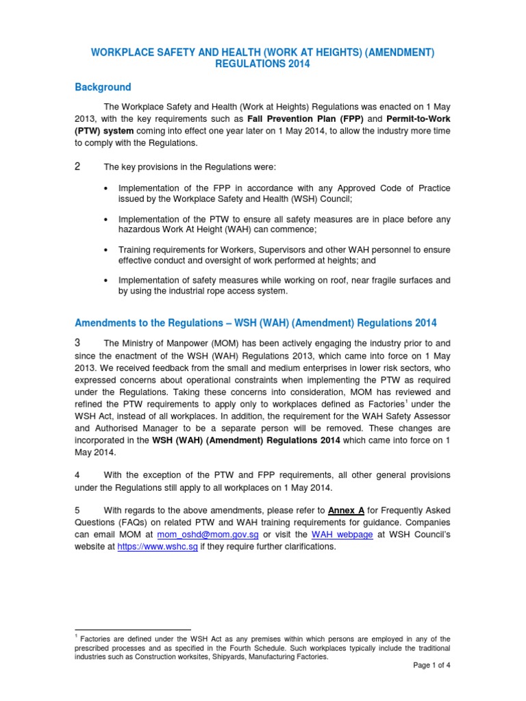 Factsheet on WAH(Amendment)Regulations | Occupational Safety And Health ...