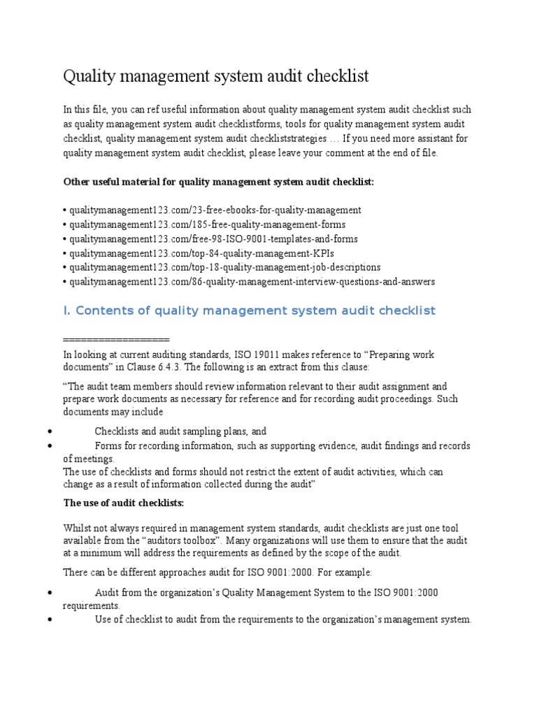 Quality Management System Audit Checklist | PDF | Scatter Plot ...