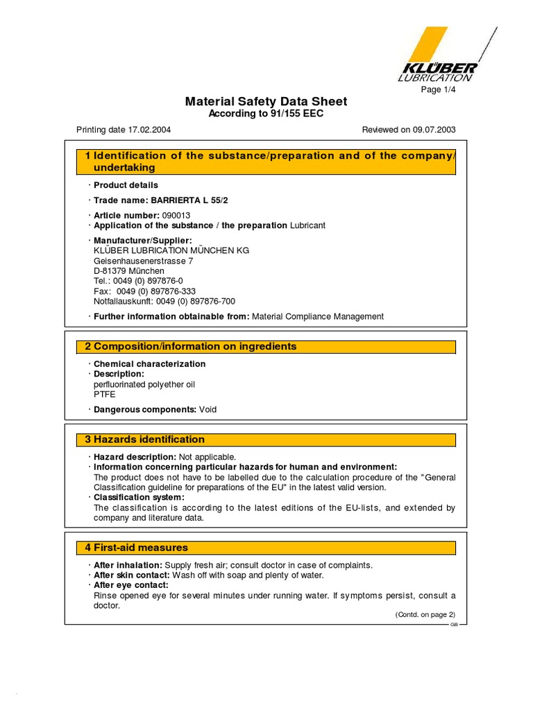 BARRIERTA L 55/2 Safety Data Sheet | PDF | Firefighting | Physical Sciences