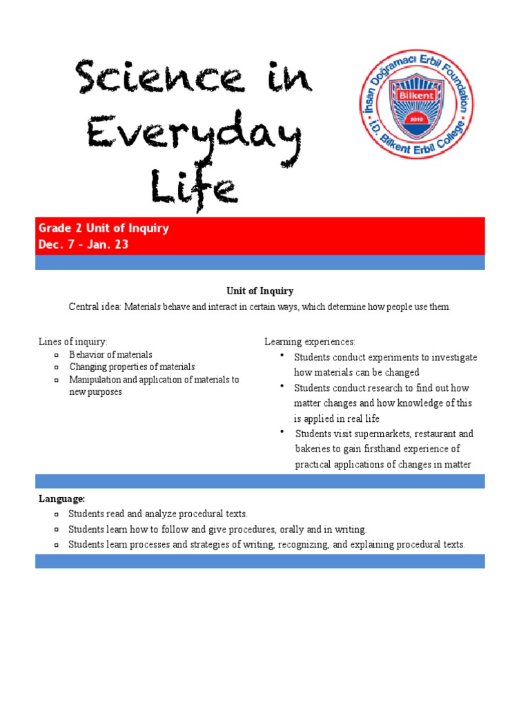 Science in Everyday Life: Grade 2 Unit of Inquiry Dec. 7 - Jan. 23 | PDF