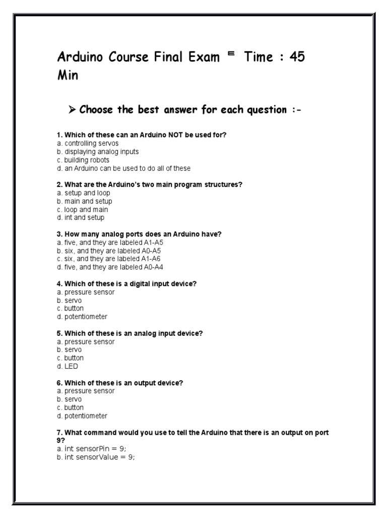 Arduino Course Final Exam | PDF | Arduino | Servomechanism